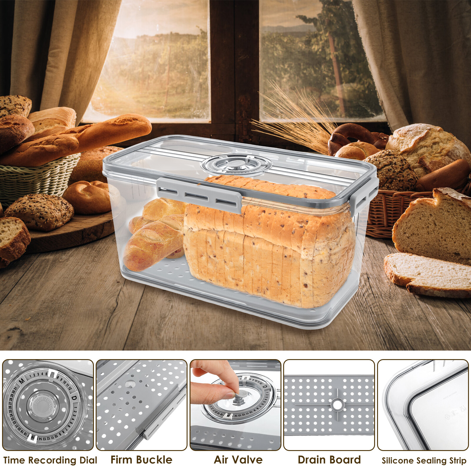 Bread Box Sealing Bread Container with Snap Time Recording Bread ...