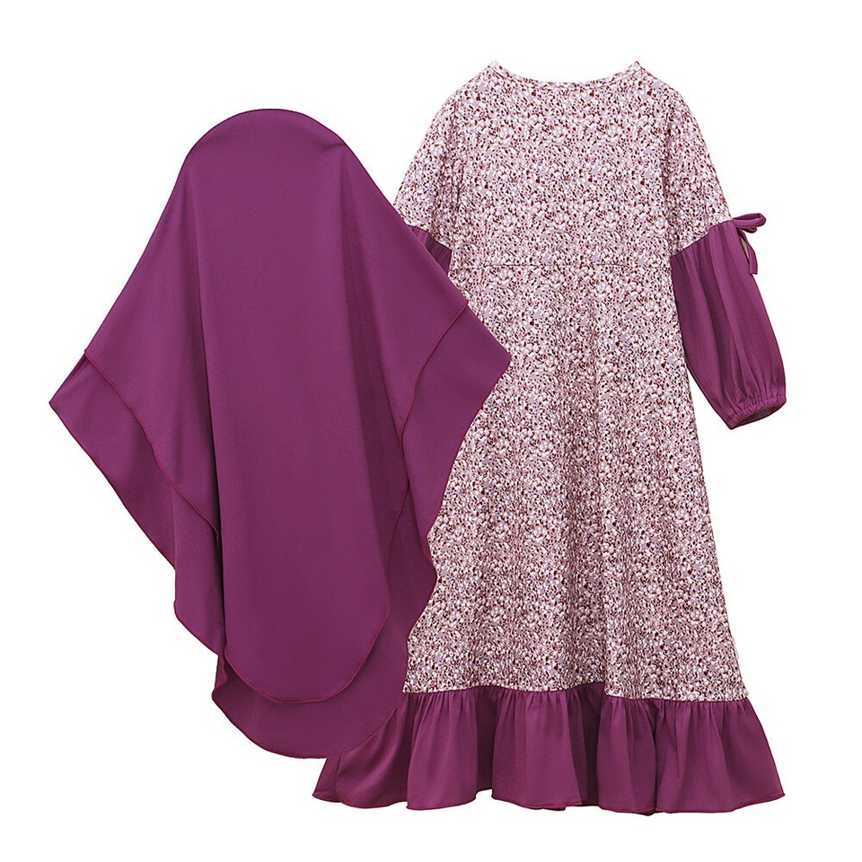 2Pcs Sets Muslim Kids Girls Hijab Prayer Dress Long Robe Overhead Burka ...