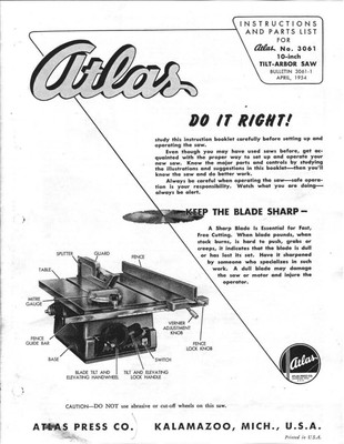1954 Atlas No. 3061 10" Tilt Arbor Table Saw Instructions | eBay