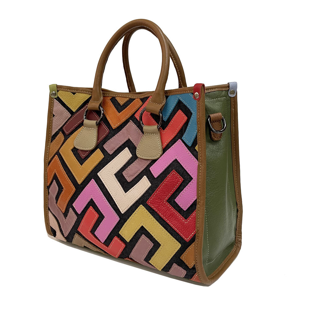 E Puzzle Handbag Color Matching Leather Large Document Bag Women's ...