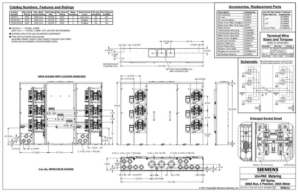 Siemens WP8612RJ 6-Gang 800A 225 Amp Ringless UNI-PAK Meter Stack | eBay