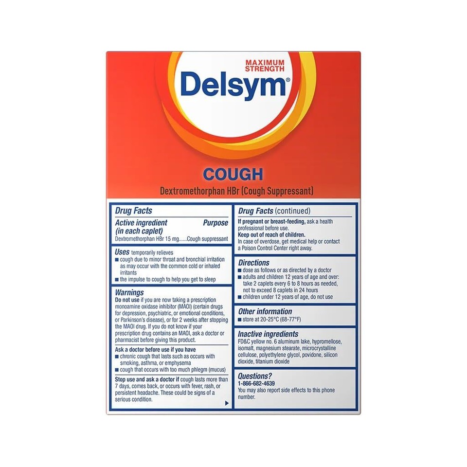 Maximum Strength Delsym Cough Suppressant Fast Release Caplets Lasts up ...