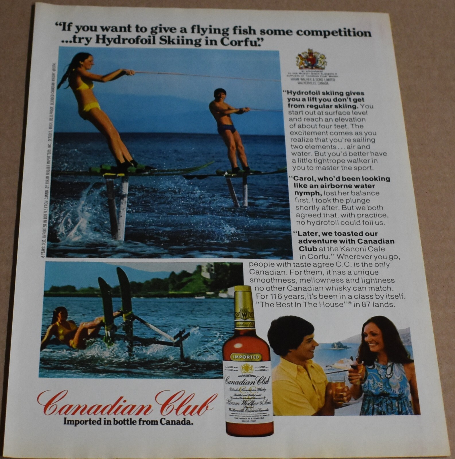 1975 Print Ad Hydrofoil water Skiing Canadian Club Whisky Canada Lady ...