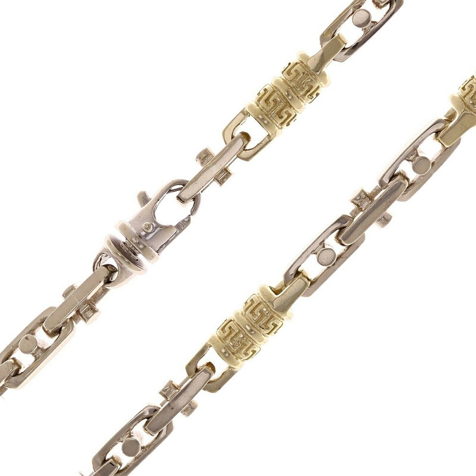 14k Two Tone Gold Handmade Greek Key Barrel Link Necklace 24" 7.5mm 126 ...