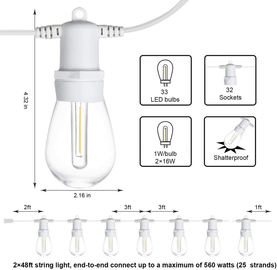 Outdoor String Lights LED White 96FT Patio Lights String with 34 1W LED ...