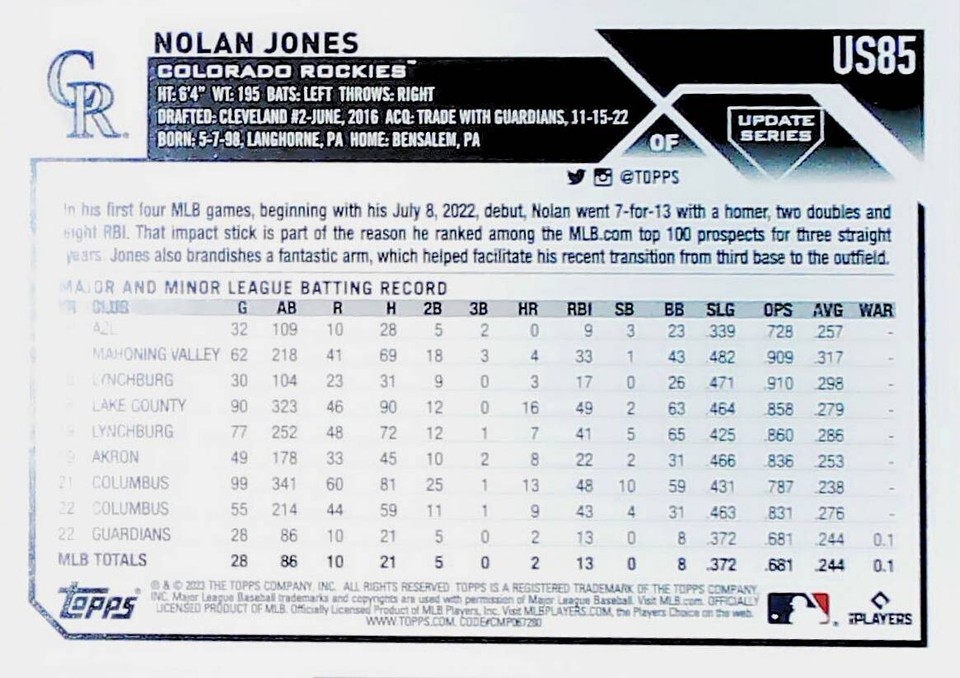 2023 Topps Update US85 NOLAN JONES ROOKIE CARD COLORADO ROCKIES FREE ...