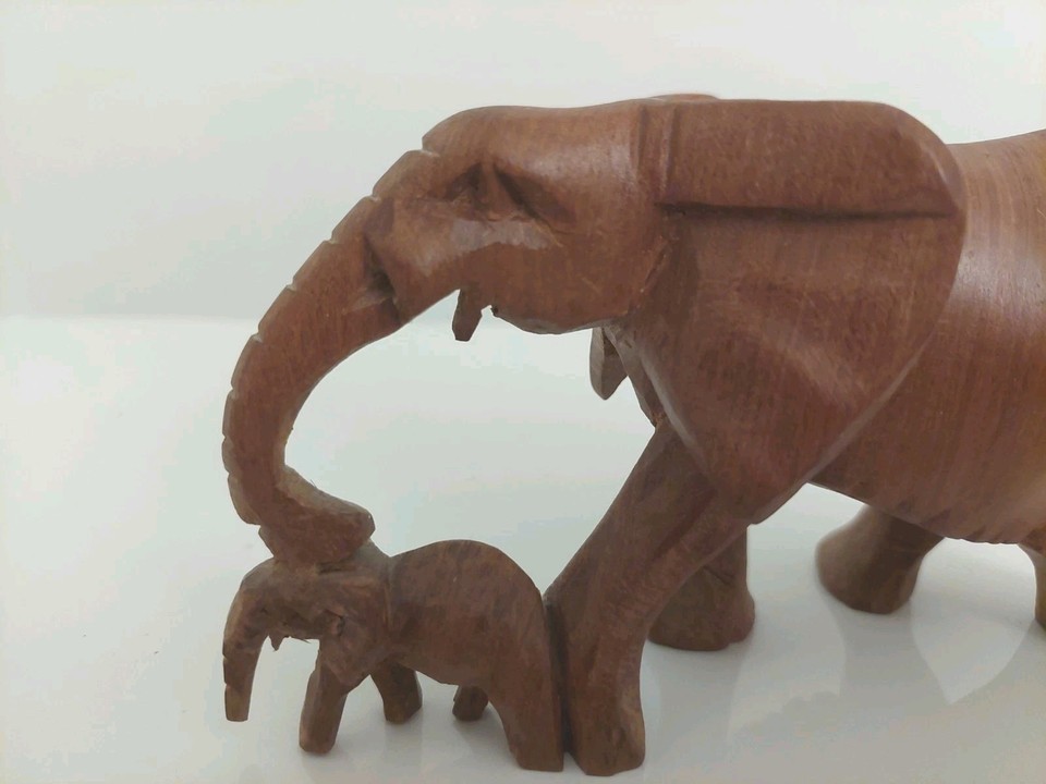 Vintage Wooden Elephant Figurine Folk Art Hand Carved Mother & Calf ...