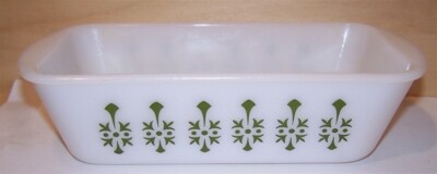 Vintage USA OVENWARE 522 Milk Glass Green Geometric Shapes LOAF PAN 1 1 ...