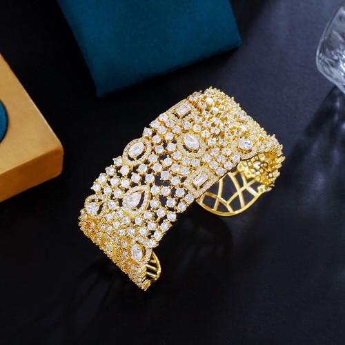 Dubai Gold Plated Cubic Zircon Open Wide Cuff Wedding Bangle Bracelet ...