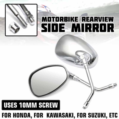 Pair Universal Motorcycle Rearview Side Mirrors Long Stem 10mm Chrome ...