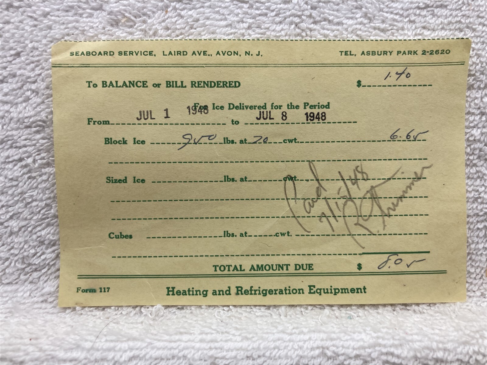 1948 Icehouse Ice Bill Avon NJ Seaboard Service Heating & Refrigeration ...