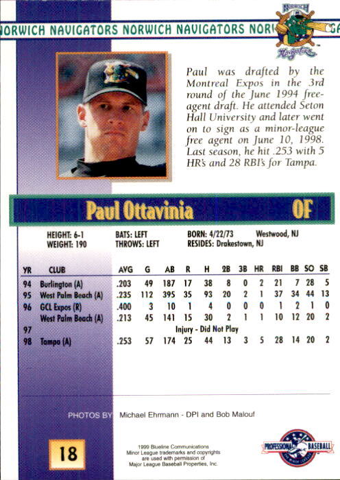 1999 Norwich Navigators Blueline #18 Paul Ottavinia Westwood Drakestown ...