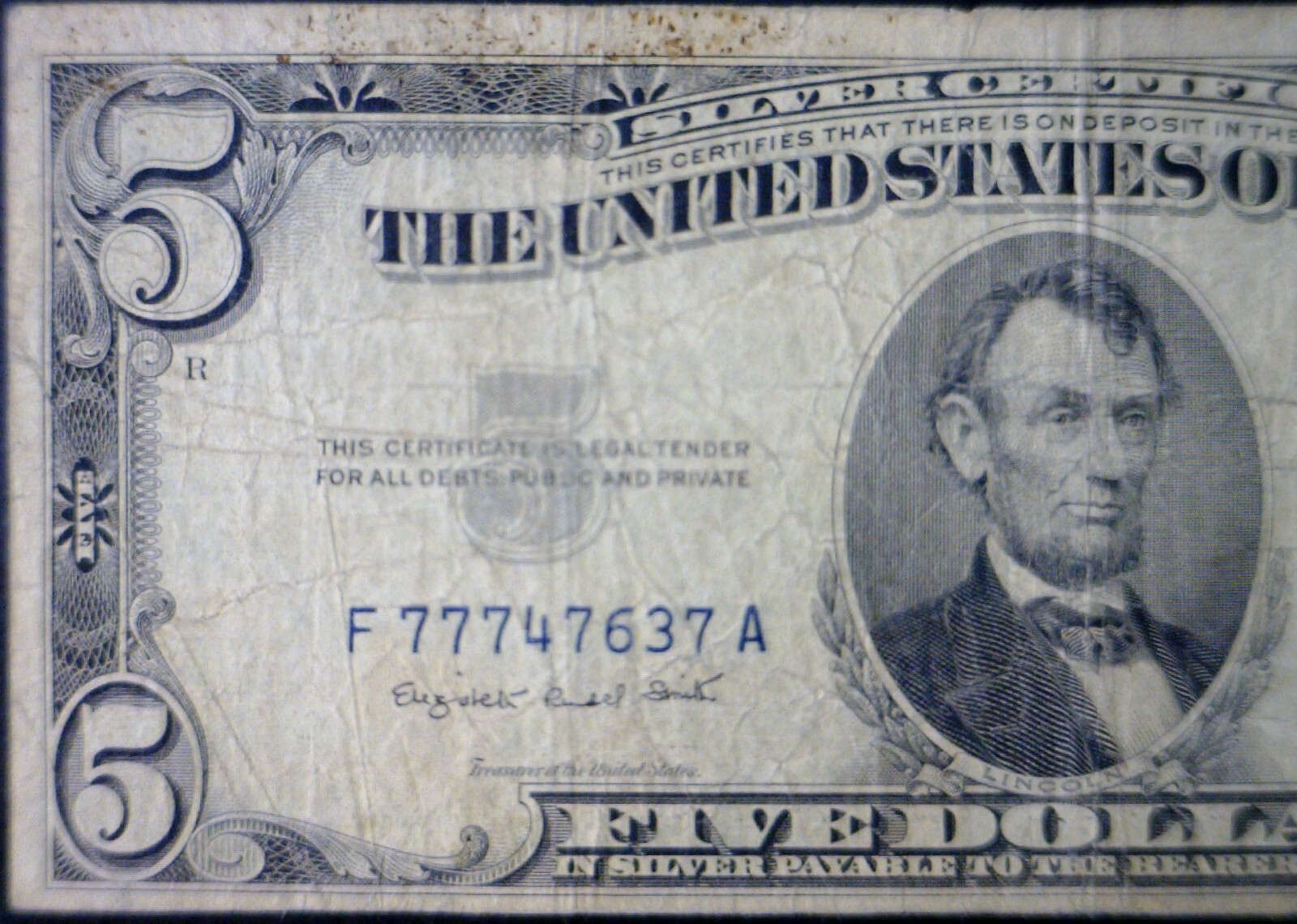 1953 ERROR $5 3rd Print Shift Silver Certificate BLUE SEAL Note 1953B ...