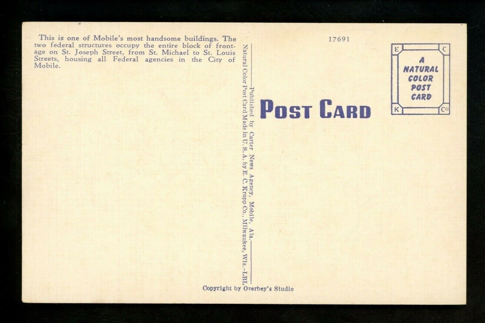 Alabama AL postcard Mobile, Post Office & Federal Building linen Kropp ...