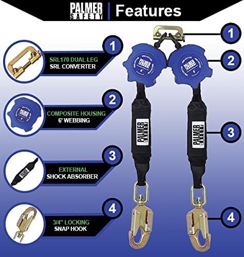Palmer Safety Fall Protection SRL121132T Twin SRL 6' Lightweight Web ...