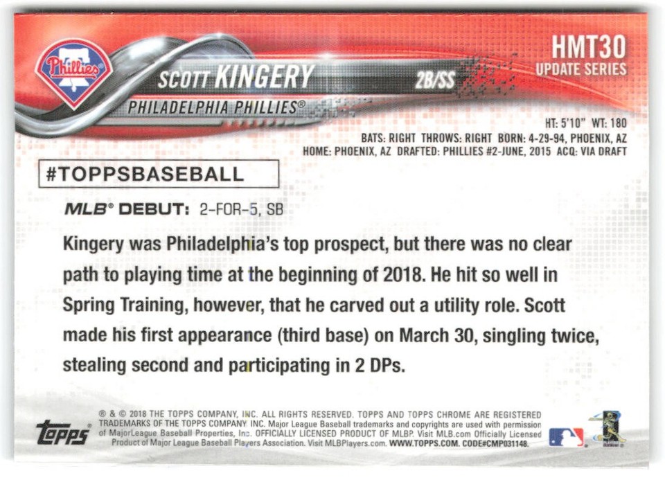 2018 Topps Chrome Update Scott Kingery #HMT30 Philadelphia Phillies ...