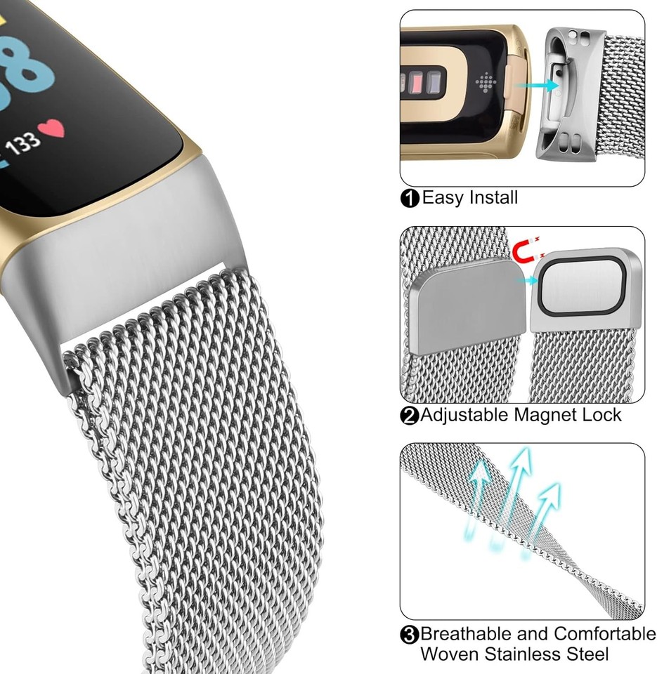 for Fitbit Charge 6 Bands Women Men, Stainless Steel Metal Mesh Loop ...