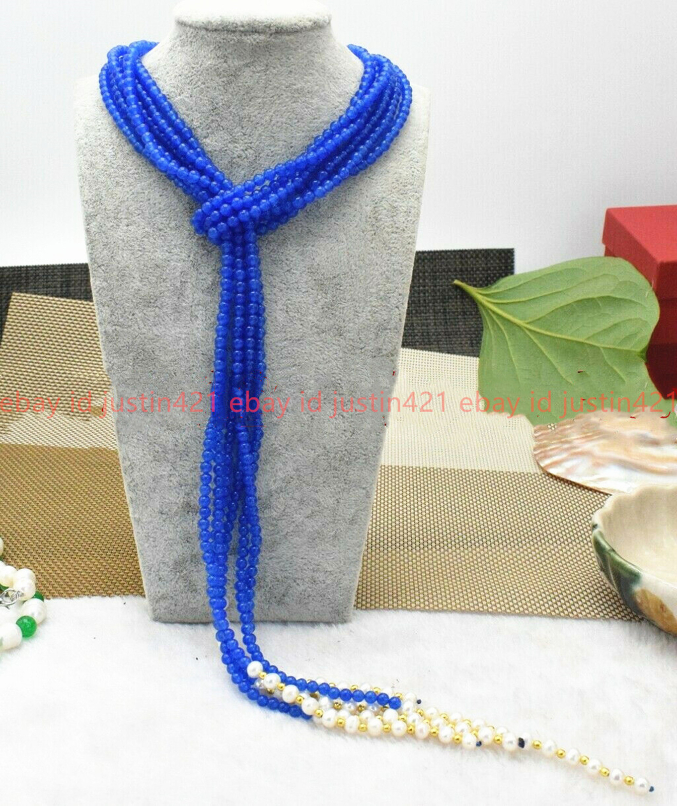 3 Strands Natural 4mm Blue Jade Round Beads 7-8mm White Pearl Scarf ...