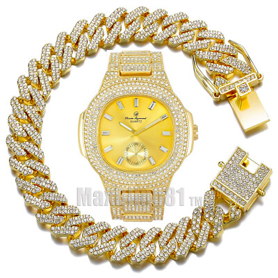 MEN HIP HOP GOLD TONE LUXURY SIMULATED DIAMOND WATCH & ICED CUBAN ...