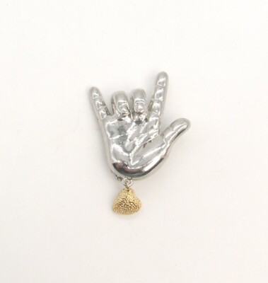 2" Vintage 2-Tone Brooch I Love You Hand Sign Language Symbol Pin w ...