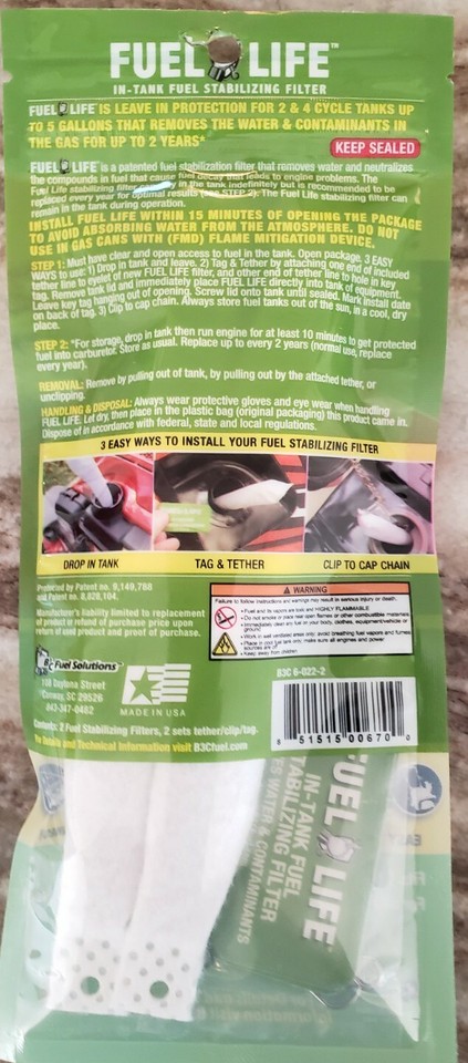 FUEL LIFE - IN-TANK FUEL STABILIZING FILTER - JUST DROP IN GAS TANK - 2 ...