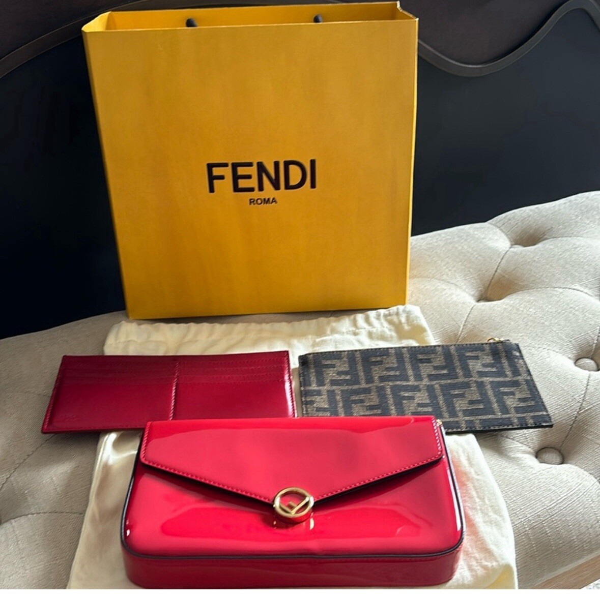 Fendi Red Patent Leather Wallet On Chain small + bust… - Gem