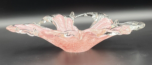 Vintage Murano Free Form Pulled Art Glass Stretch Pink & Clear Bowl 11. ...