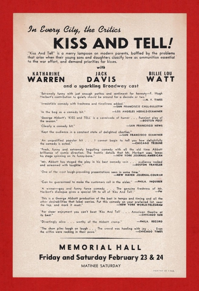 Katharine Warren "KISS and TELL" Jack Davis / Billie Lou Watt 1945 ...