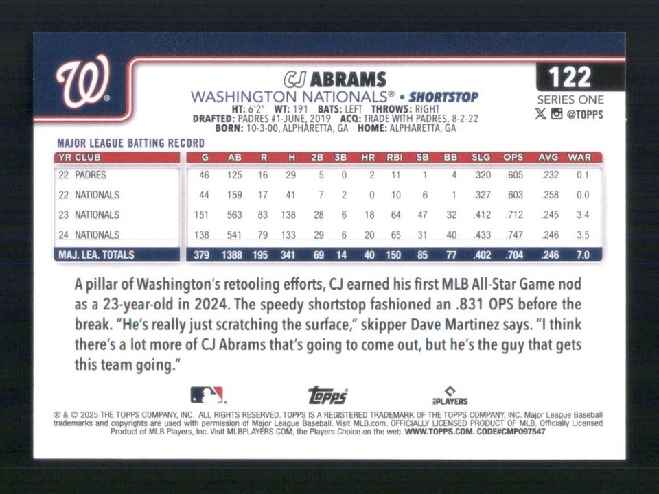 2025 Topps #122 CJ Abrams Washington Nationals 43217 | eBay