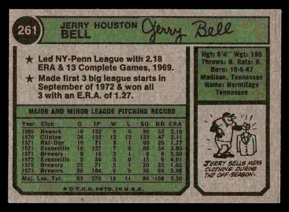 1974 Topps Jerry Bell #261 - Milwaukee Brewers | eBay