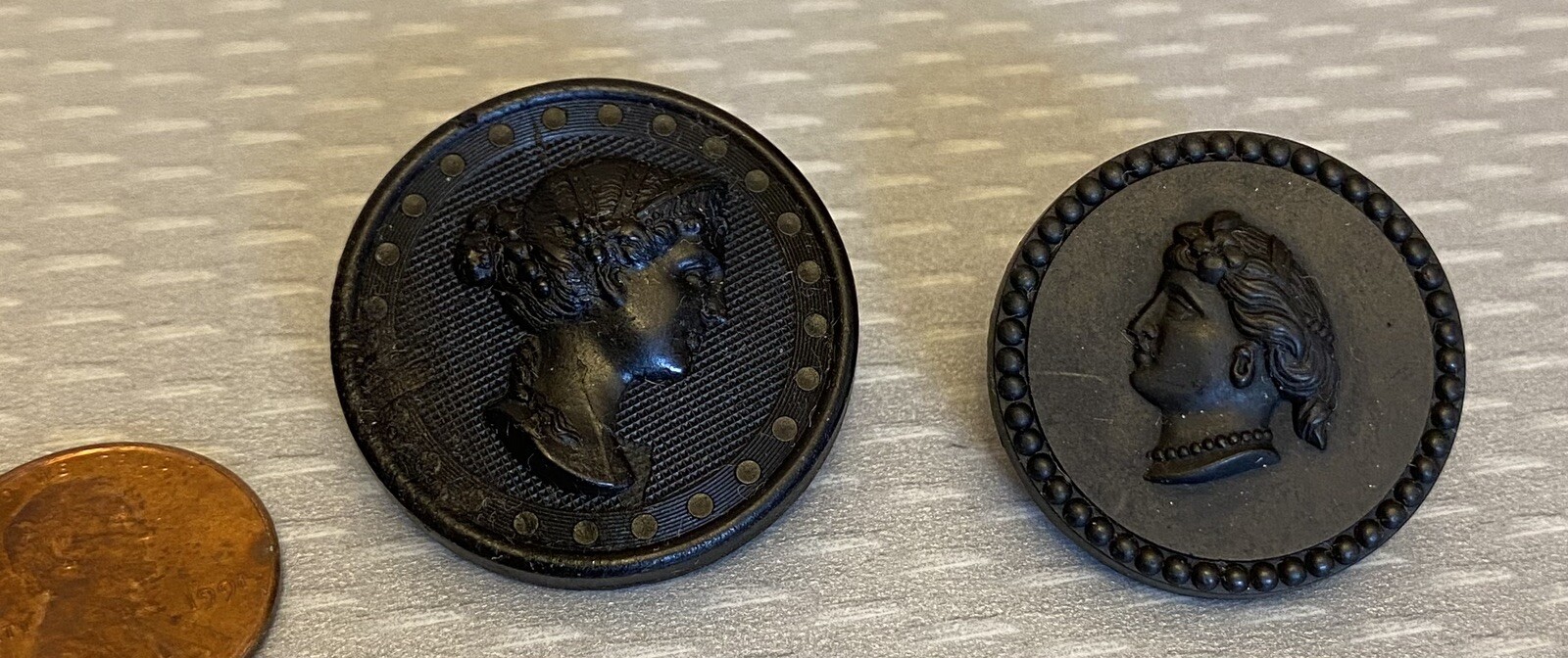 2 Antique Relief Black Cameo Women Profile Buttons Goodyear Rubber ...