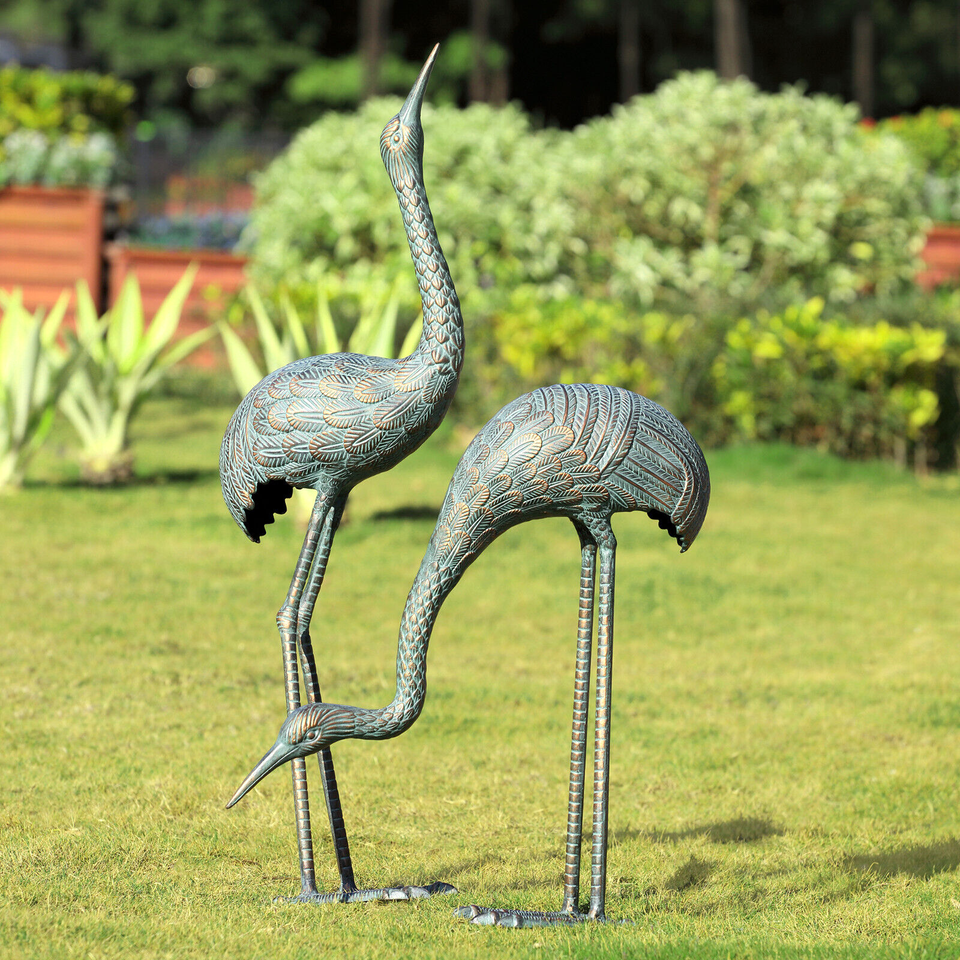 Foraging Crane Pair Garden Sculptures Pond Pool Patio Statue Heron Bird ...