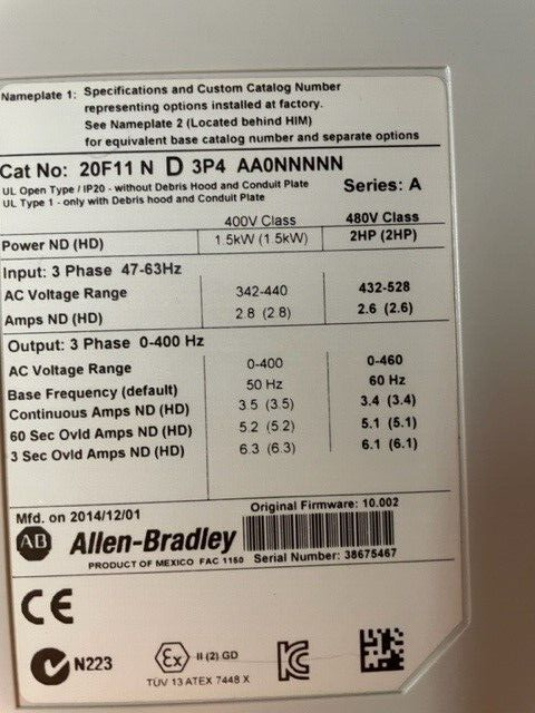 Allen-Bradley Powerflex 753 Drive w/Keypad 2 HP Series A ...