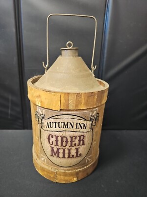 Vintage - Wooden Autumn Inn Apple Cider Jug With Metal Top And Handle ...