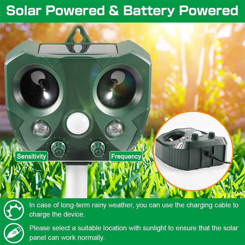 2PCS Animal Repeller Ultrasonic Solar Power Outdoor Pest Cat Mice Deer ...