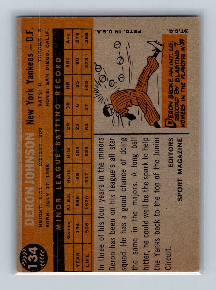 1960 Topps #134 Deron Johnson New York Yankees Baseball Card | eBay