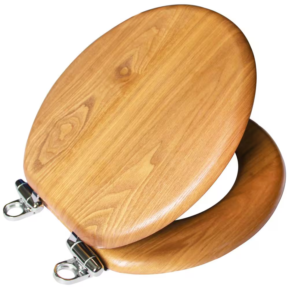 Round Wood Toilet Seat Closed Front Lid Honey Oak Brass Hinge Bathroom ...