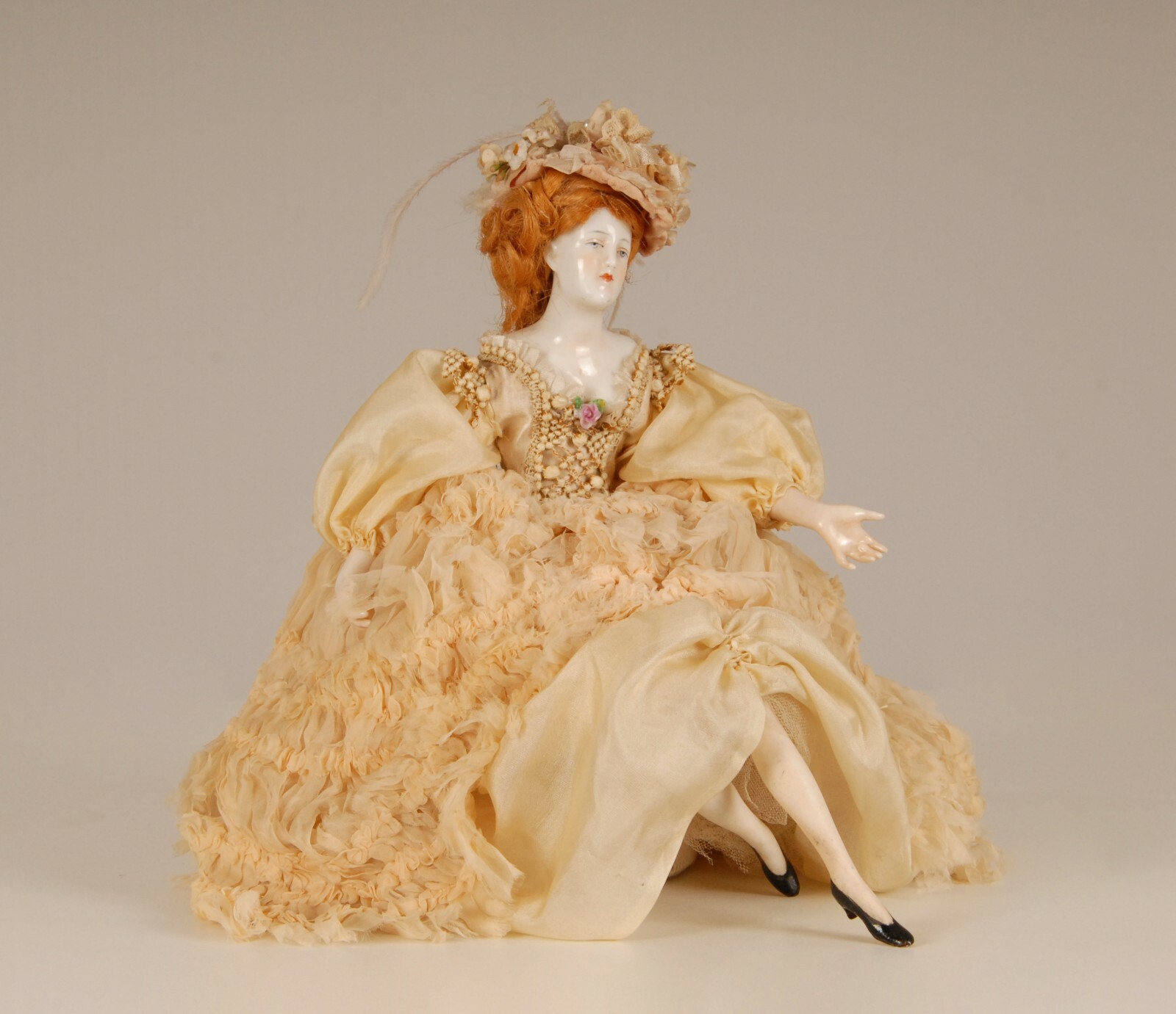 Antique German porcelain half doll arms away trinket box jewelry silk ...