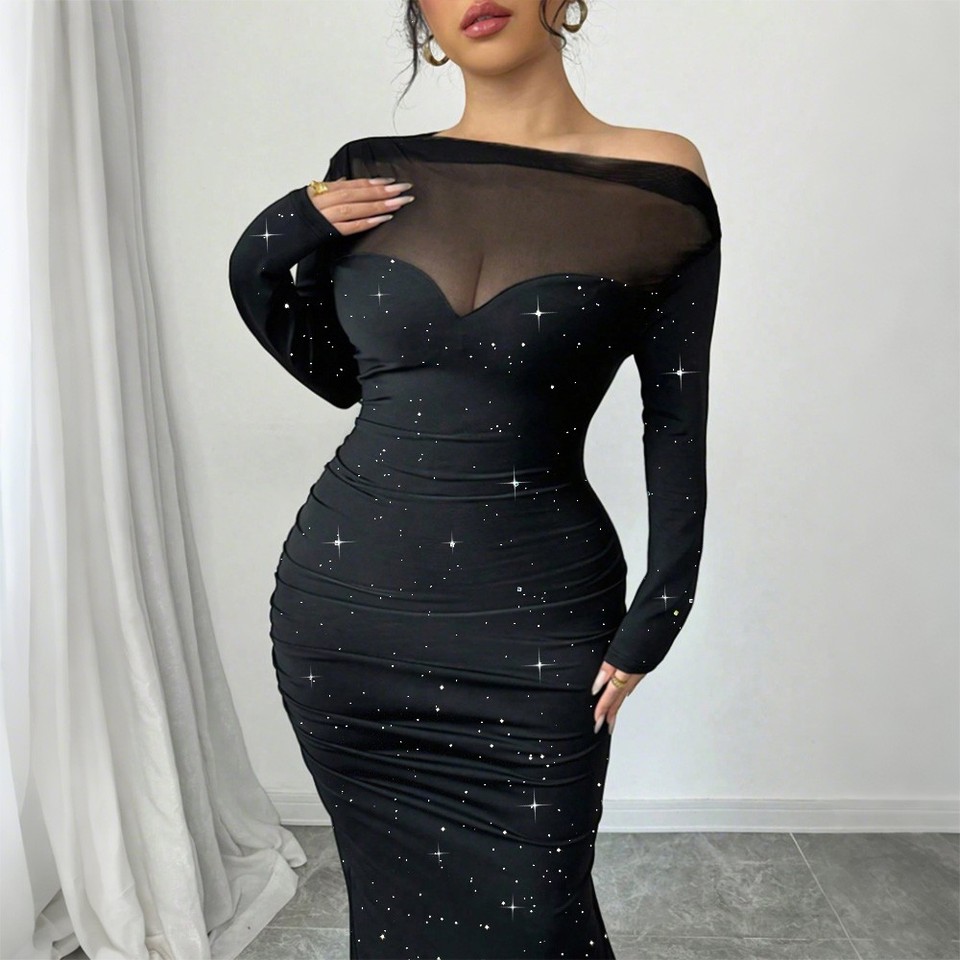 Sexy Women Off Shoulder Mesh Sheer Bodycon Dress Ladies Clubwear Party ...