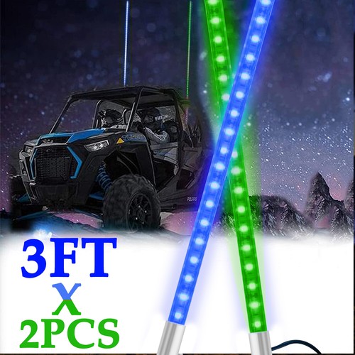3FT Blue & Green Lighted LED Whip Antenna w/ Flag for ATV UTV Polaris ...