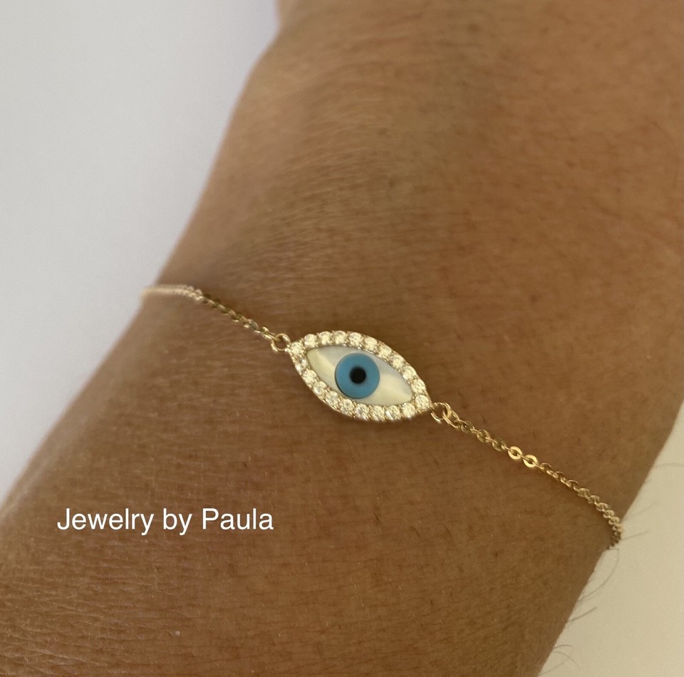14K Solid Real Yellow Gold Mal De Ojo Evil Eye Bracelet 7 +1" Powerful ...