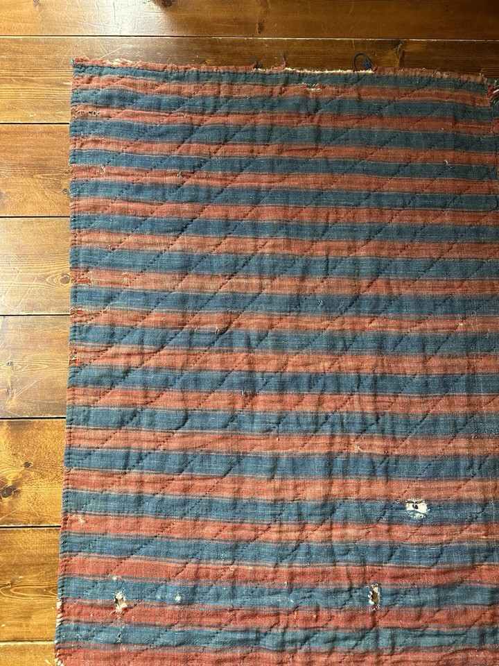RARE 19th C Antique Linsey Woolsey Quilt BEST Blue & Red Stripe Textile ...