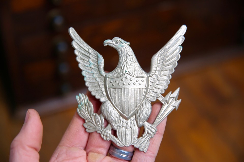 Vintage Antique Military Medal helmet Hat Badge Eagle Shield Officer ...