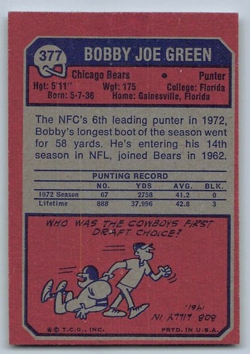 BOBBY JOE GREEN 1973 Topps Football Card #377 - CHICAGO BEARS | eBay