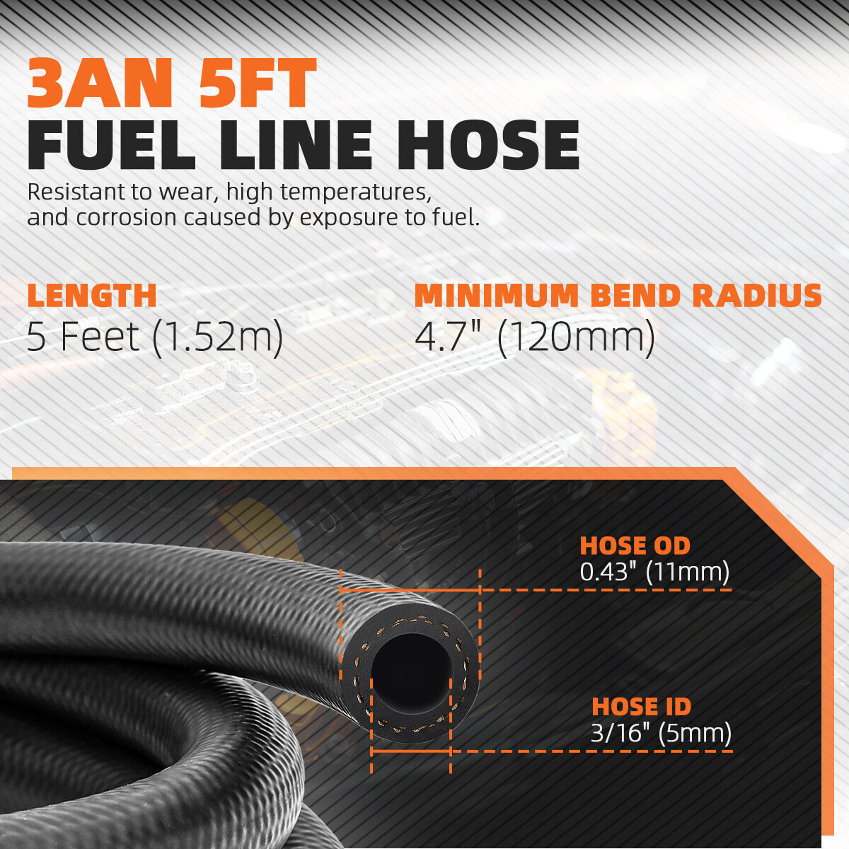 5 Feet 3AN 3/16" ID NBR Rubber Braided Diesel Gasline Oil Grease Fuel ...