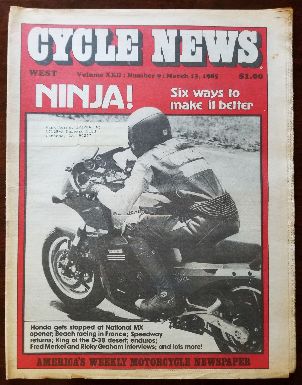 MARCH 13, 1985 CYCLE NEWS MOTORCYCLE NEWSPAPER | eBay