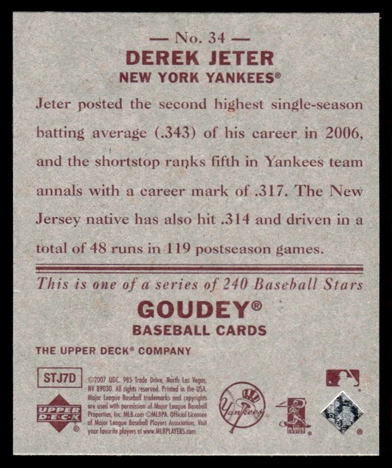 Derek Jeter 2007 Upper Deck Goudey Mini Red Backs #34 | eBay
