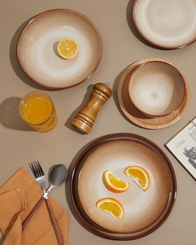 Stoneware Dinnerware Set Service for 4, 12 pcs Reactive Glaze Brown and ...