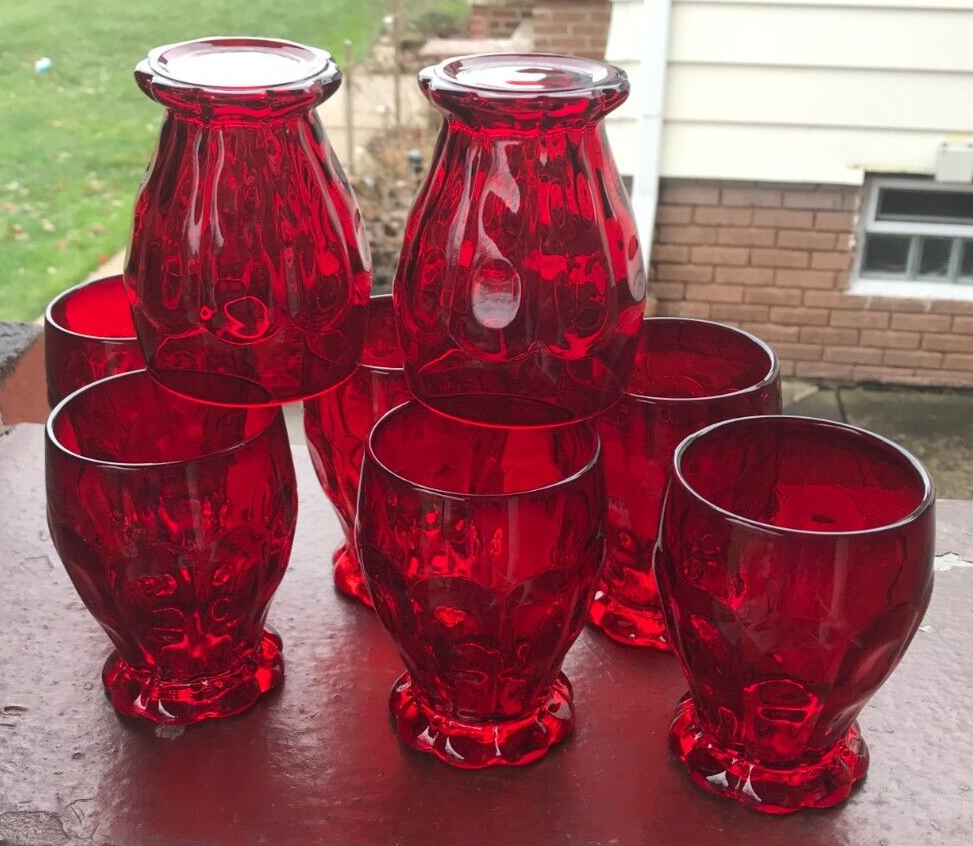 8 pc Vintage Fenton Ruby Red Glass 1933 Dot & Panel 9 oz Tumblers 4-1/8 ...