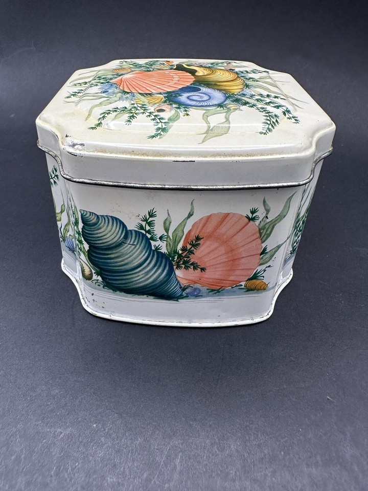 Vintage Seashell Beach Metal Container Made In England Tin Hinged Box ...